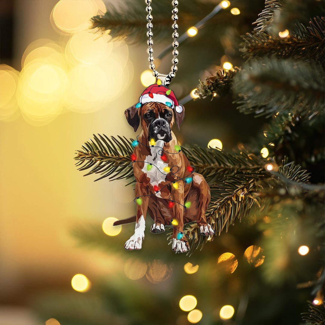Funny Boxer Ornament, Boxer Dog With Santa Hats and Lights, Boxer Dog ...