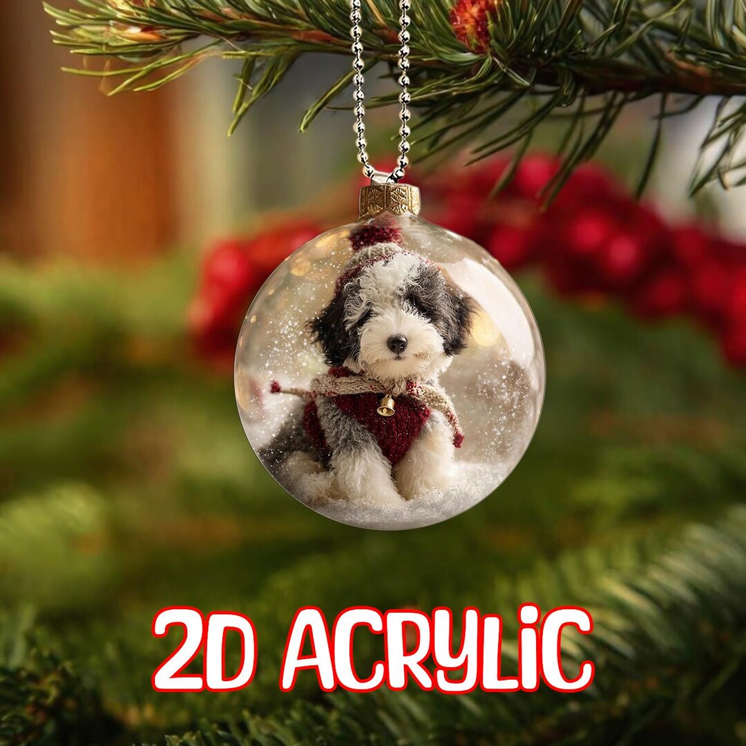 2D Flat Sheepadoodle Dog Sit in A Snow Globe Ornament, Sheepadoodle Dog ...