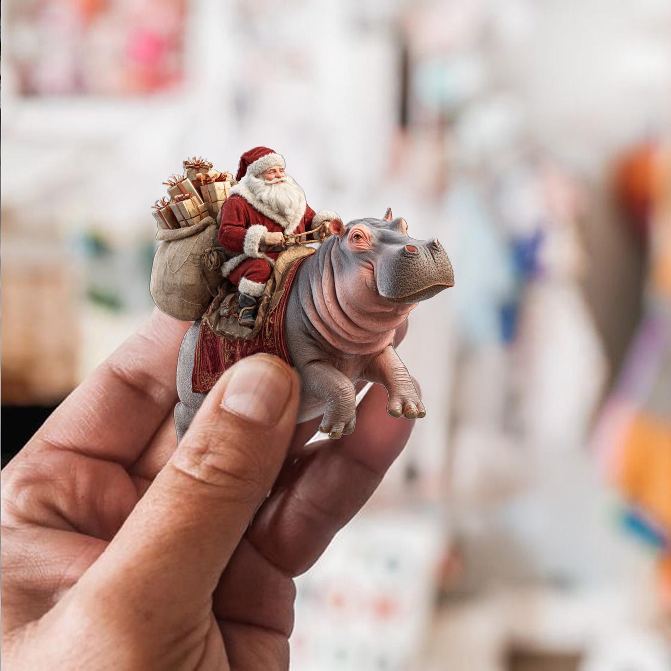 2D Santa Riding Hippopotamus Ornament, Hippo Ornament, 2D Flat Hippo ...