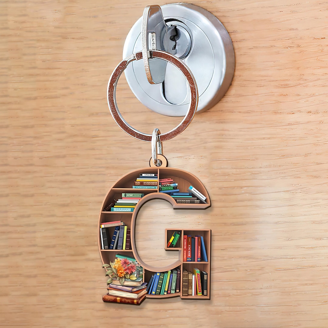 Personalized Bookshelf Keychain, Book Wood Keychain, Custom Librarian ...