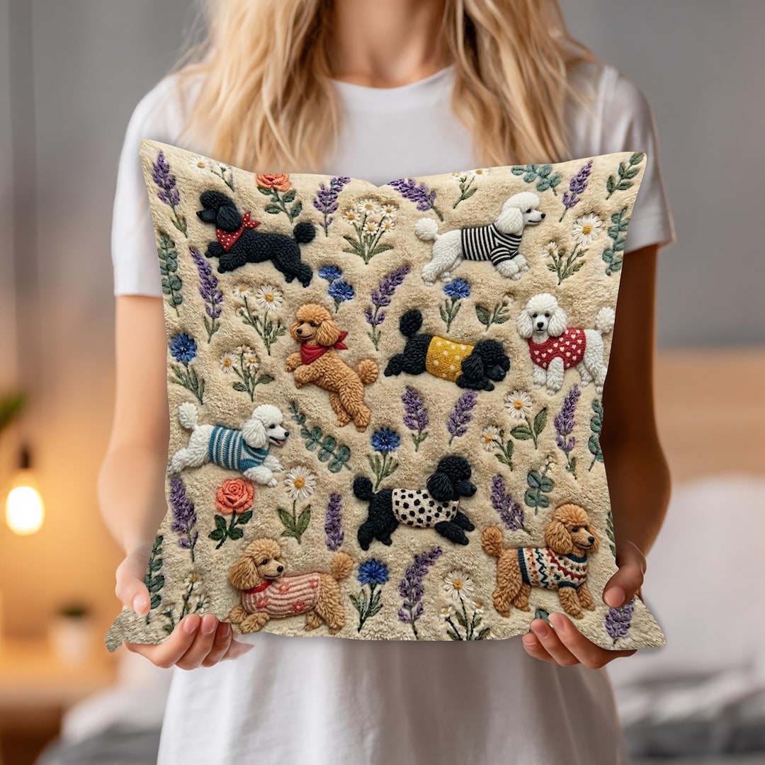 Standard Poodle Floral Pillow (2D FLAT PRINTED), Faux Embroidery Dog ...