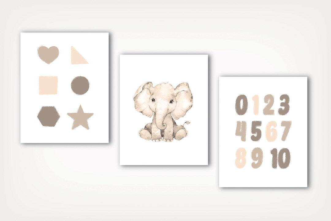 Baby Elephant Pastel Poster, Numbers and Shapes Printable, Set of Three ...