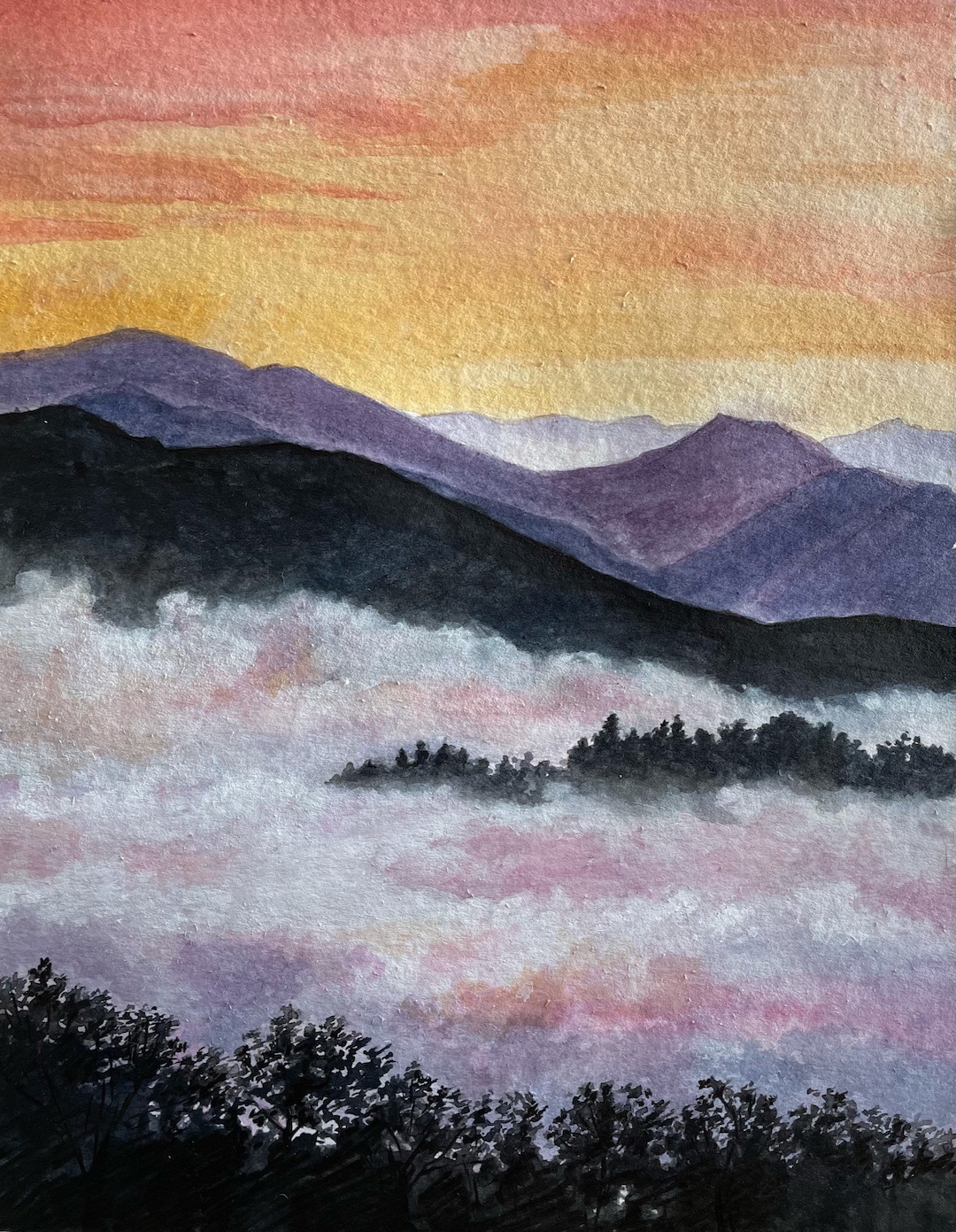 Foothills at Dawn: Foggy Mountain Art Watercolor Appalachia - Etsy