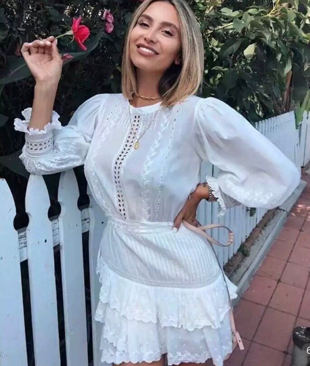 White Cottagecore Mini Dress, Boho Honeymoon, Beach Style, & Tiered ...