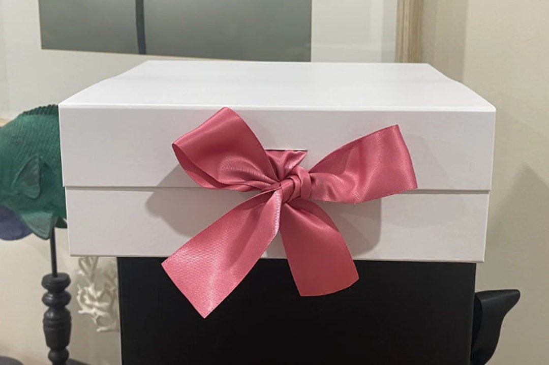 White Box Pink RIBBON Rigid Magnetic Box/ Plain Blank Box / Gift Hamper ...