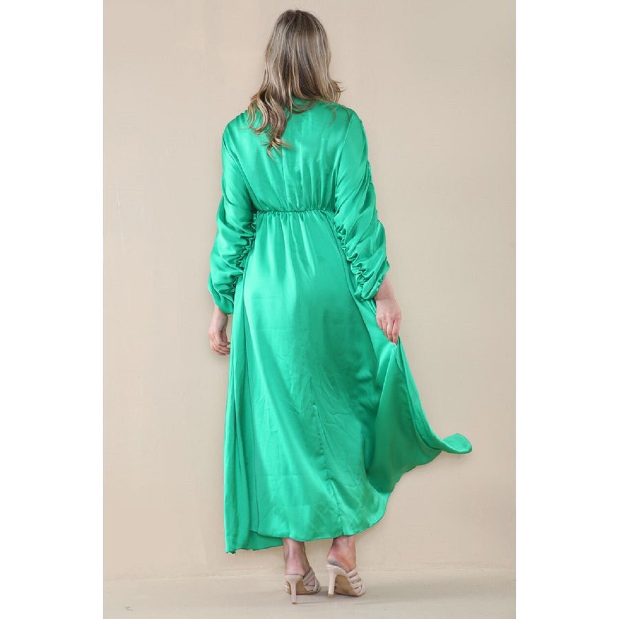 Womens Satin Ruched Arm Maxi Dress Ladies Long Sleeve V Neck Dress - Etsy