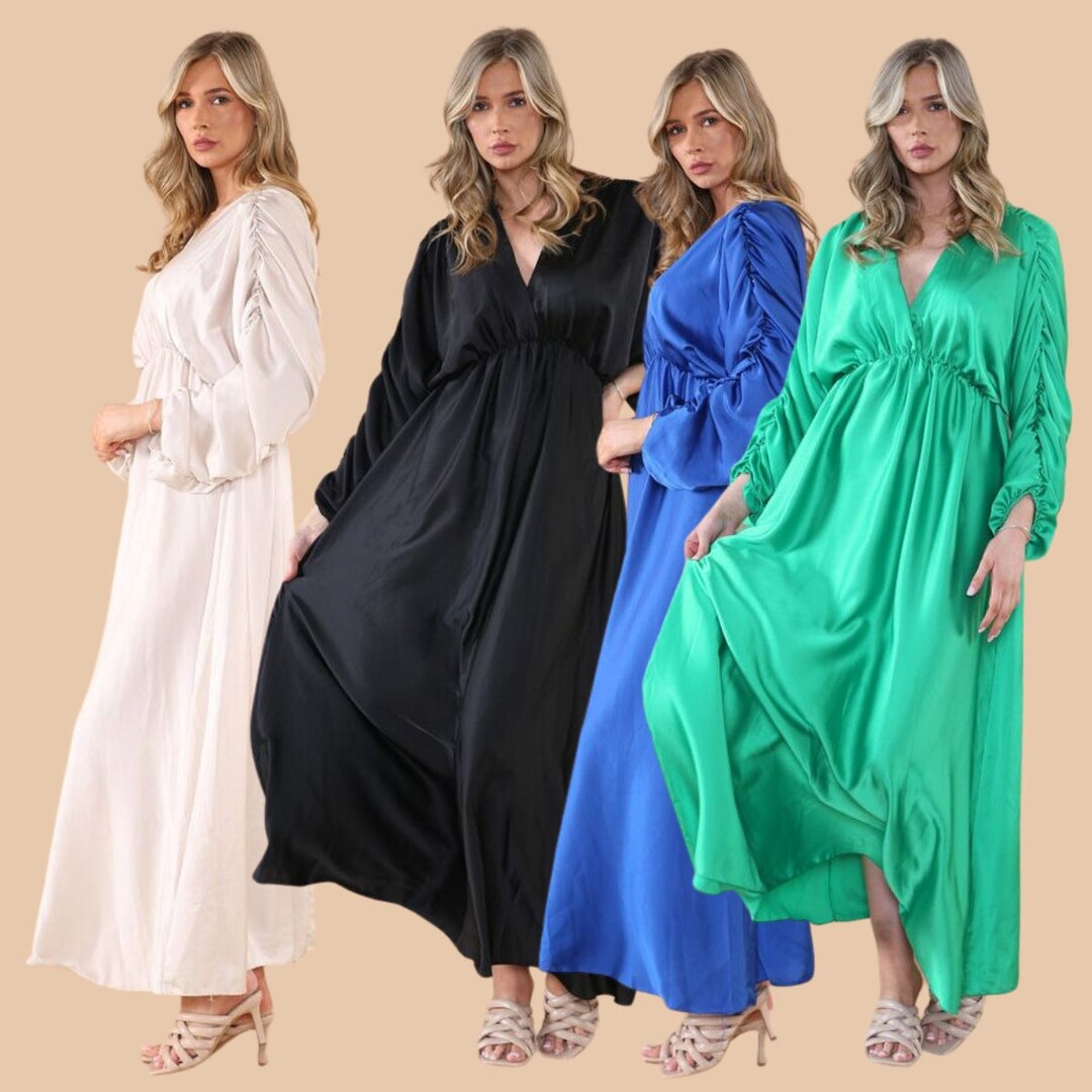 Womens Satin Ruched Arm Maxi Dress Ladies Long Sleeve V Neck Dress - Etsy
