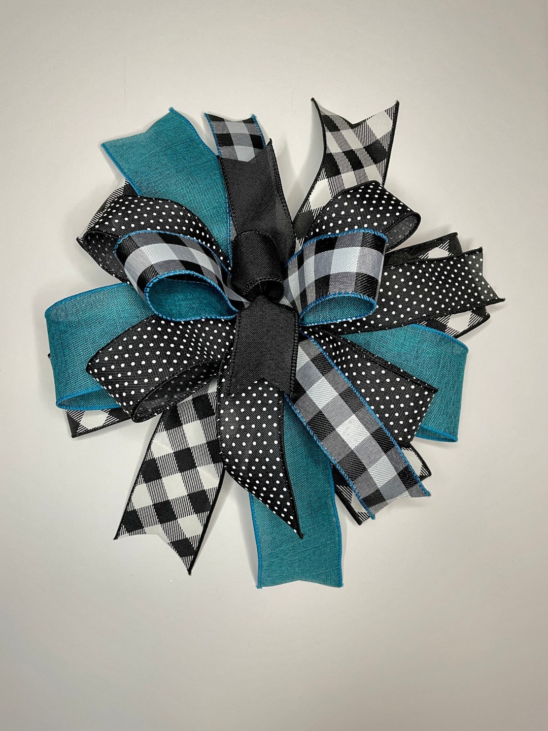 Black White & Teal Farmhouse Bow With Buffalo Check and Swiss Dots ...