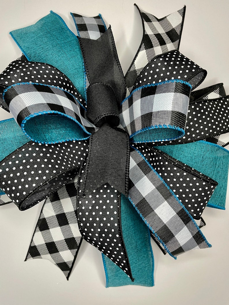 Black White & Teal Farmhouse Bow With Buffalo Check and Swiss Dots ...