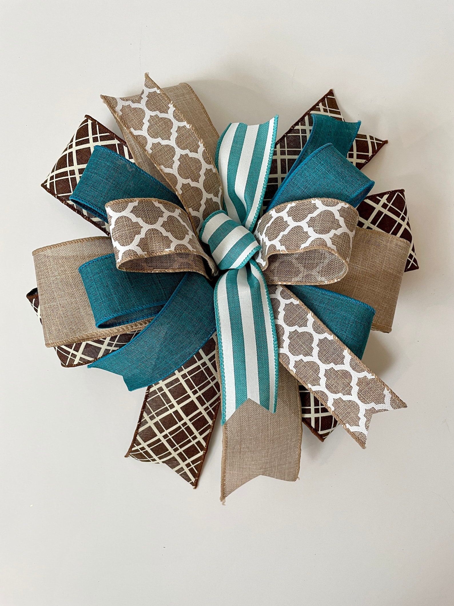 Natural Beige Cream Brown & Teal Everyday Bow With Quatrefoil Plaid and ...