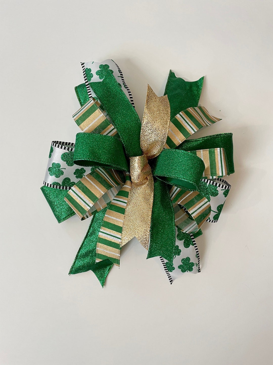 St Patricks Day Bow in Green White & Gold With Clovers, St Pattys Day ...