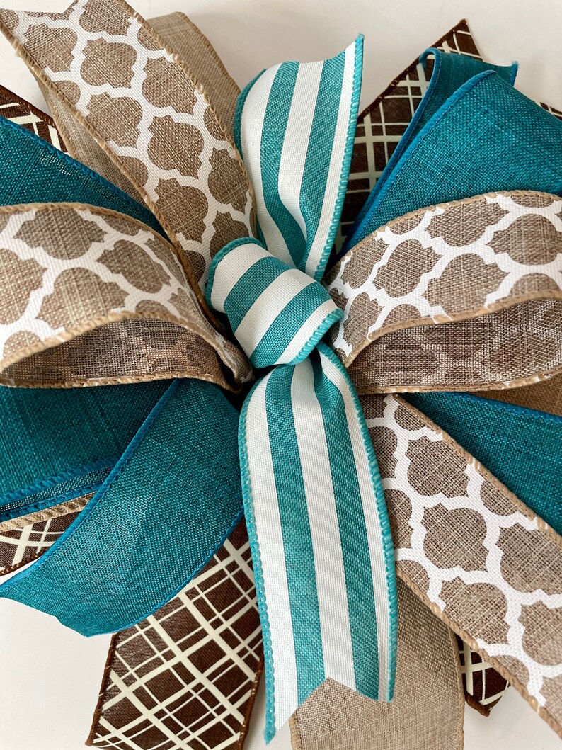 Natural Beige Cream Brown & Teal Everyday Bow With Quatrefoil Plaid and ...