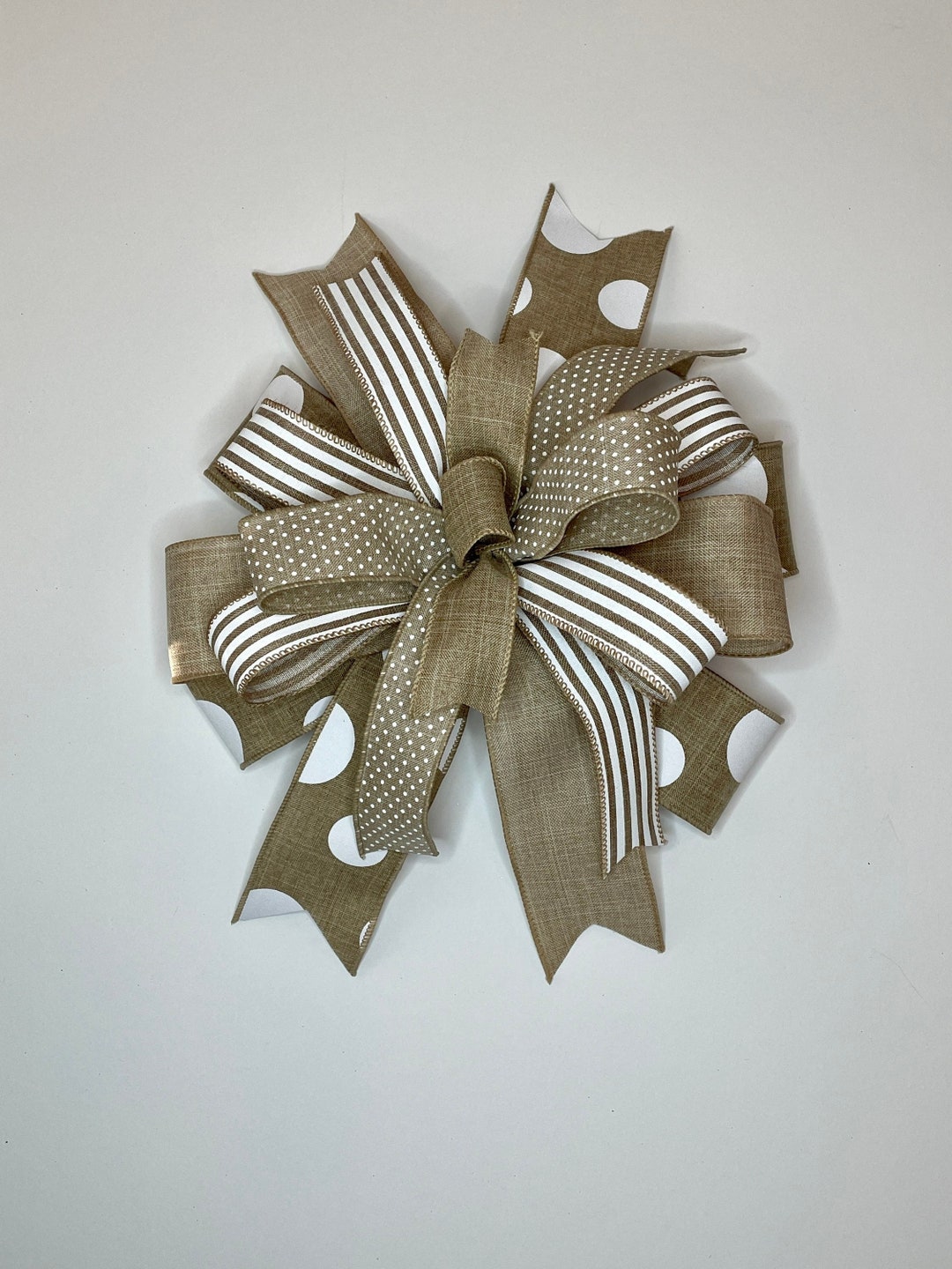 Neutral Beige & White Farmhouse Bow With Polka Dots and Stripes ...