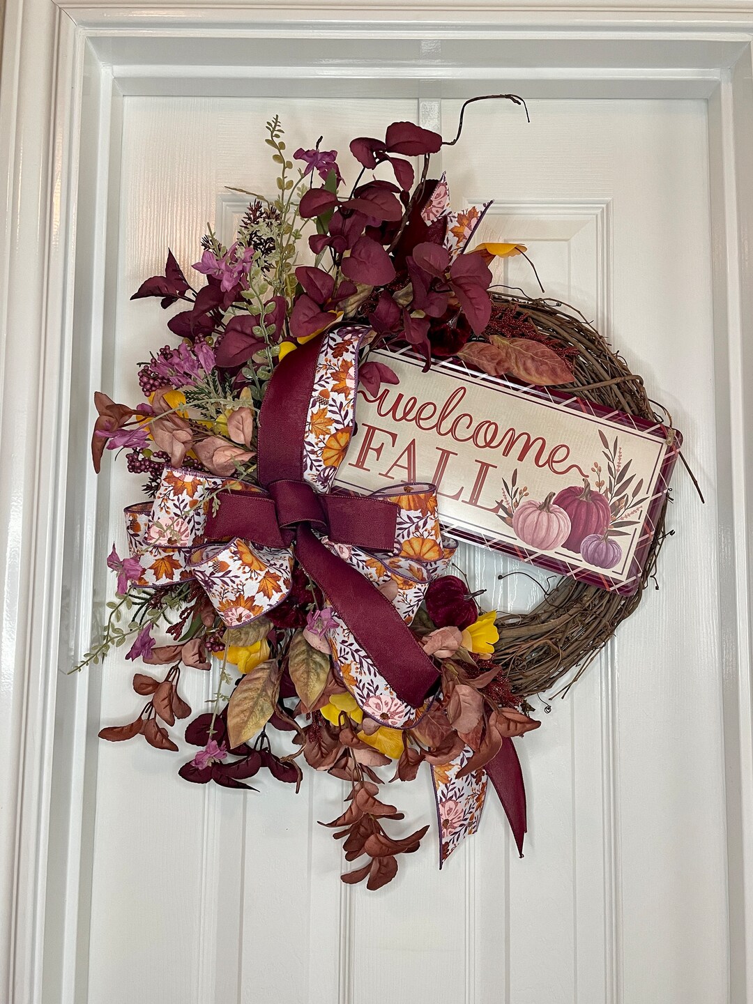 Welcome Fall Grapevine Wreath in Burgundy, Purple & Neutral Colors ...