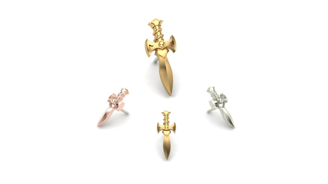 14K Solid Yellow, Rose, White Gold Dagger Piercing, Body Jewelry, 25g ...