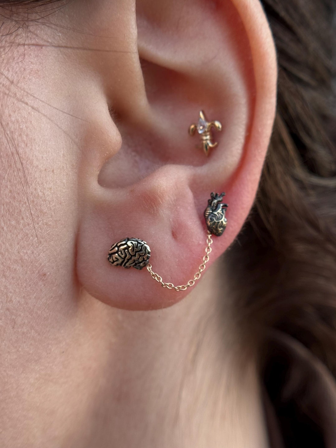 14K Solid Yellow, Rose, White Gold Brain Piercing, Body Jewelry, 25g ...