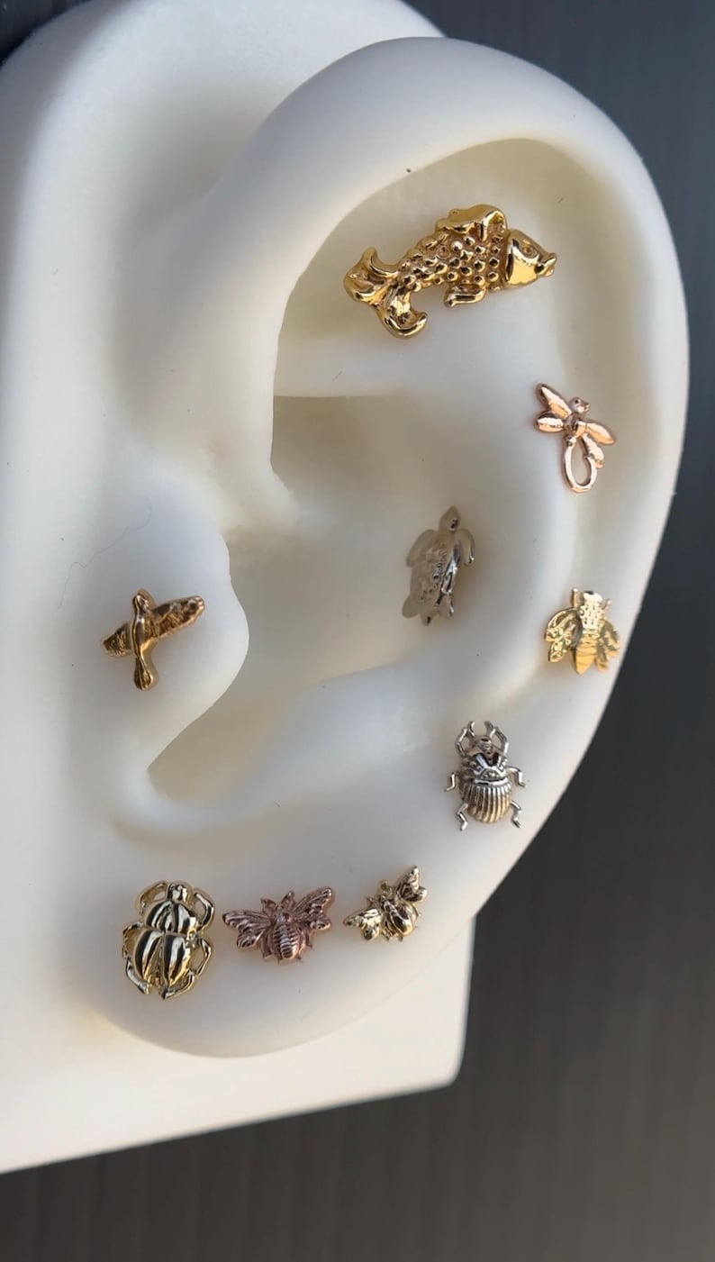 14K Solid Gold Scarab Piercing – Yellow, Rose, White, Threadless or ...