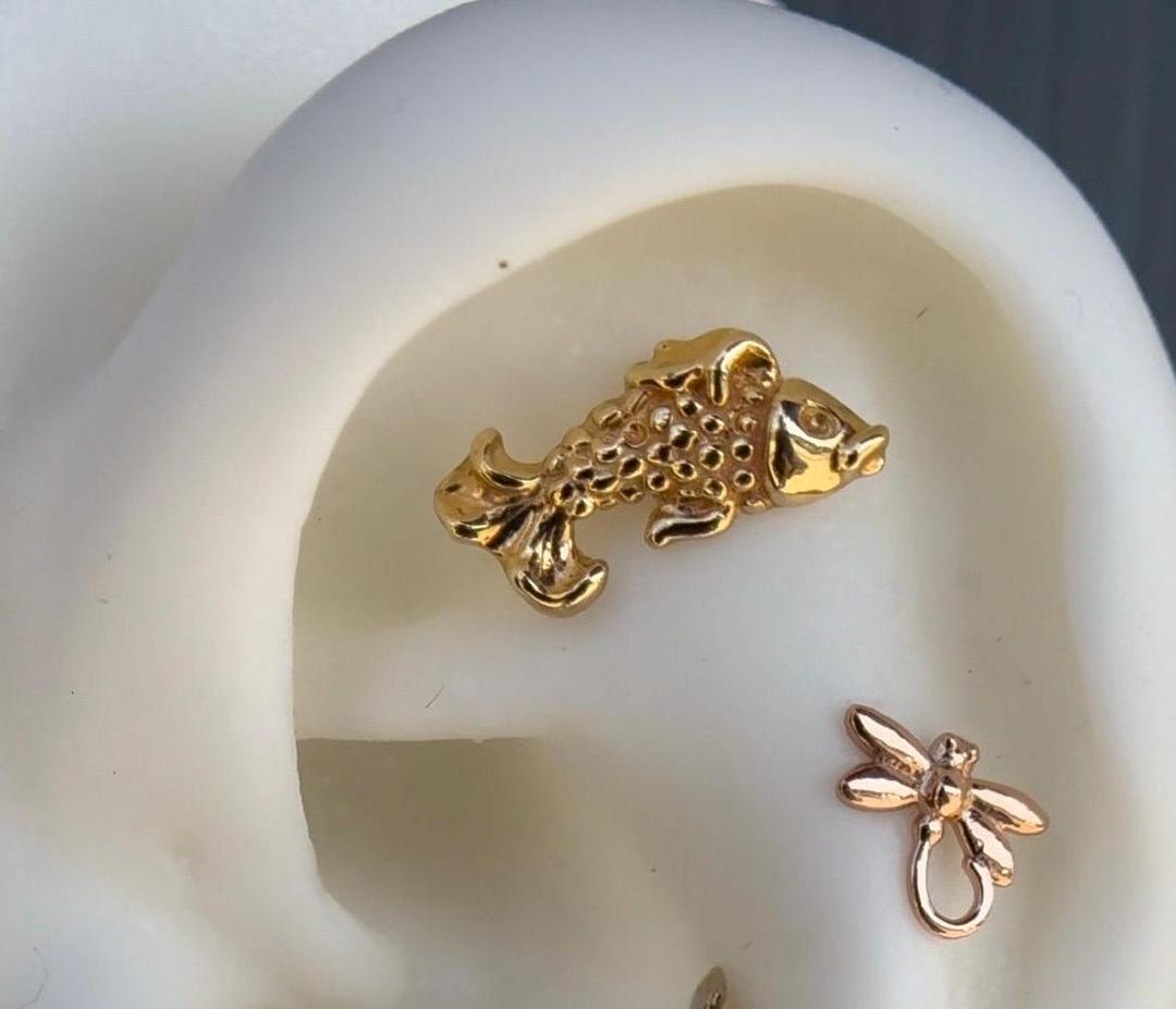 14K Solid Yellow, Rose, White Gold Fish Piercing, Body Jewelry, 25g ...