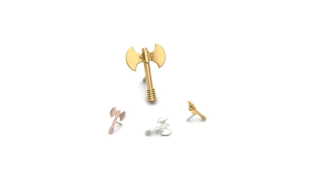 14K Solid Yellow, Rose, White Gold Double Headed Axe Piercing, Body ...