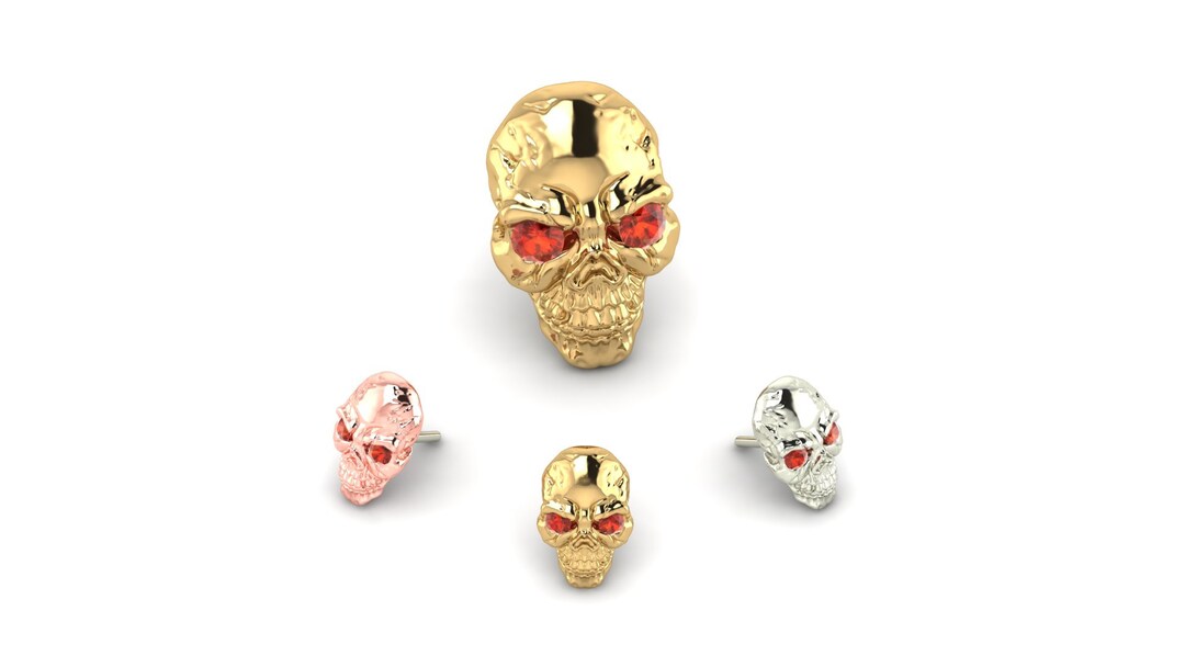 14K Solid Yellow, Rose, White Gold Skull With CZ Piercing, Body Jewelry ...