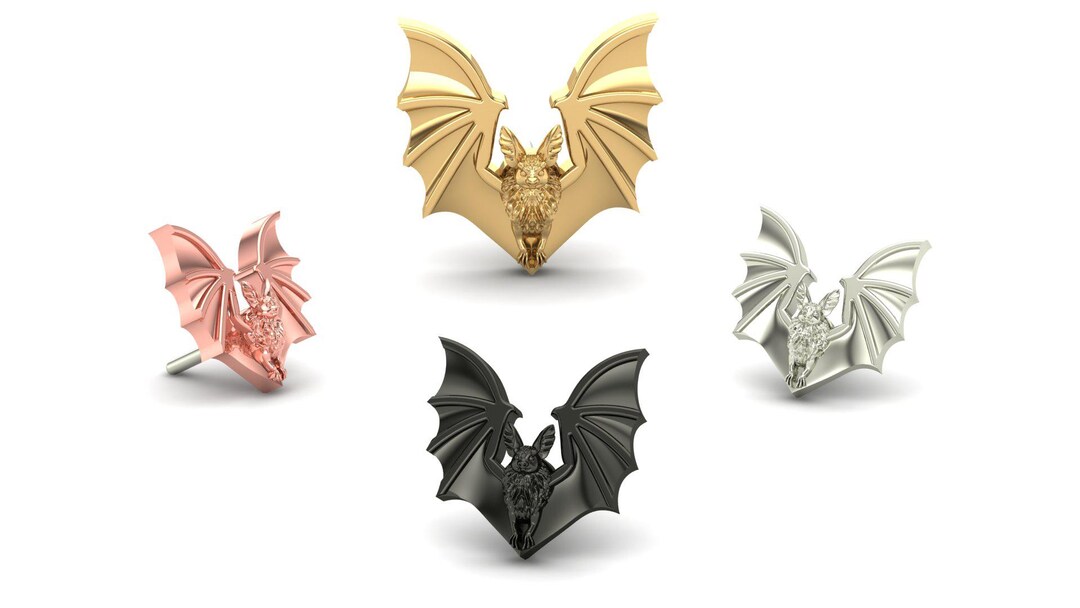 14K Solid Yellow, Rose, White Gold Moon Bat Piercing, Body Jewelry, 25g ...