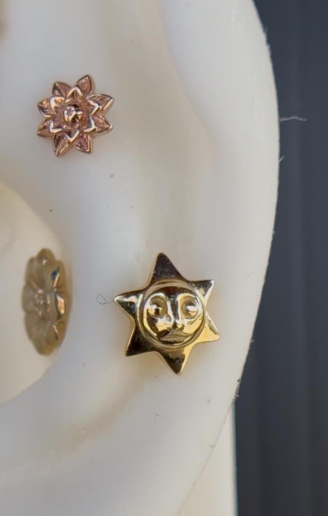 14K Solid Yellow, Rose, White Gold Sun Face Piercing, Body Jewelry, 25g ...