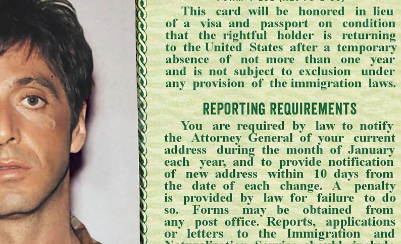 1983 Scarface Movie Tony Montana Al Pacino Green Card ID Cosplay DIY ...