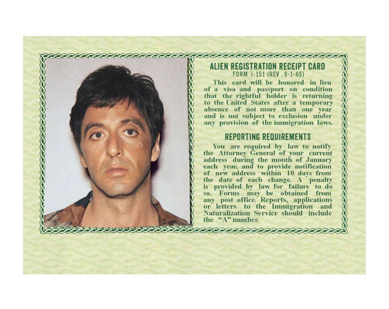 1983 Scarface Movie Tony Montana Al Pacino Green Card ID Cosplay DIY ...