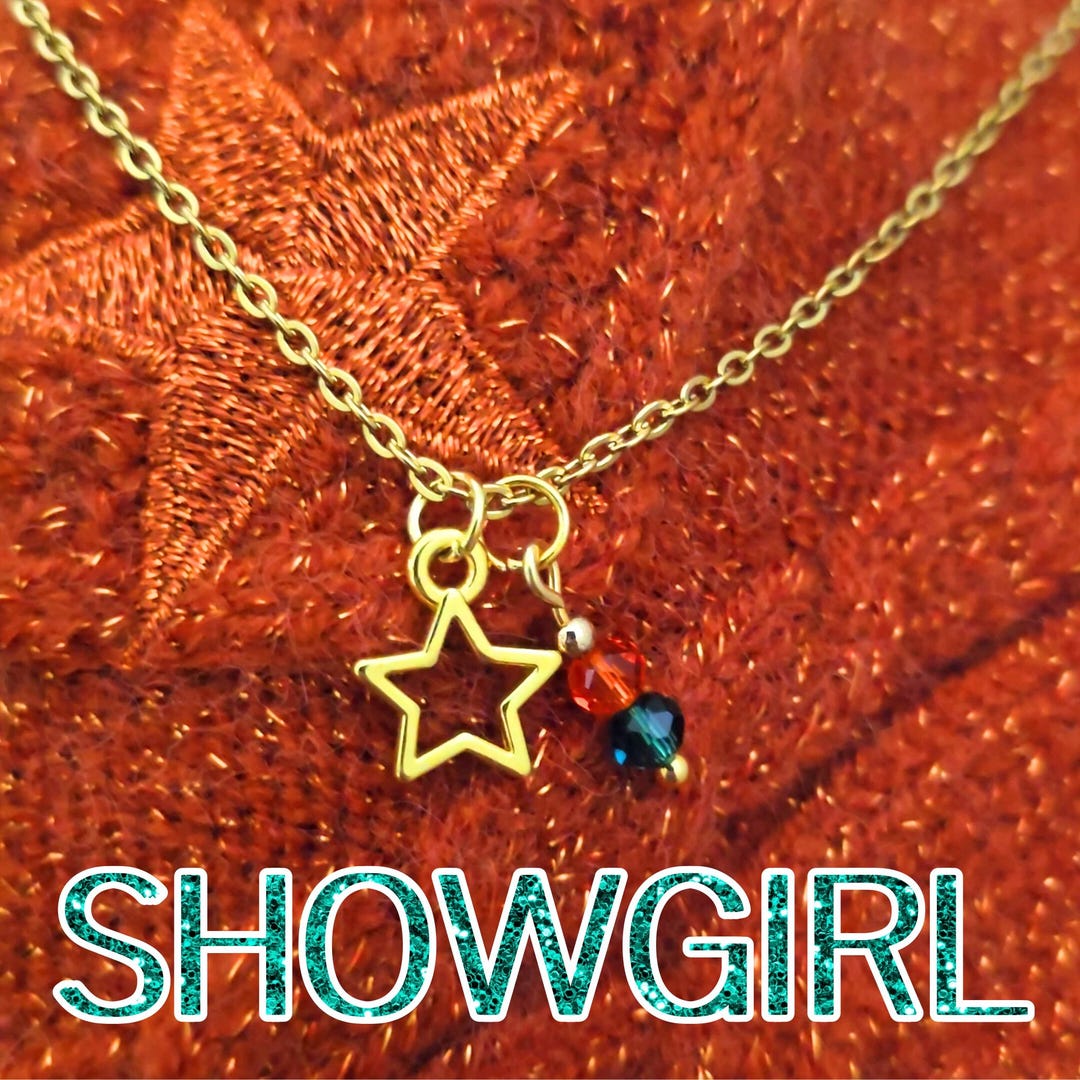 Showgirl Gold Star Necklace | Handmade Orange and Teal Charm, Gold Colored Stainless Steel Link ...