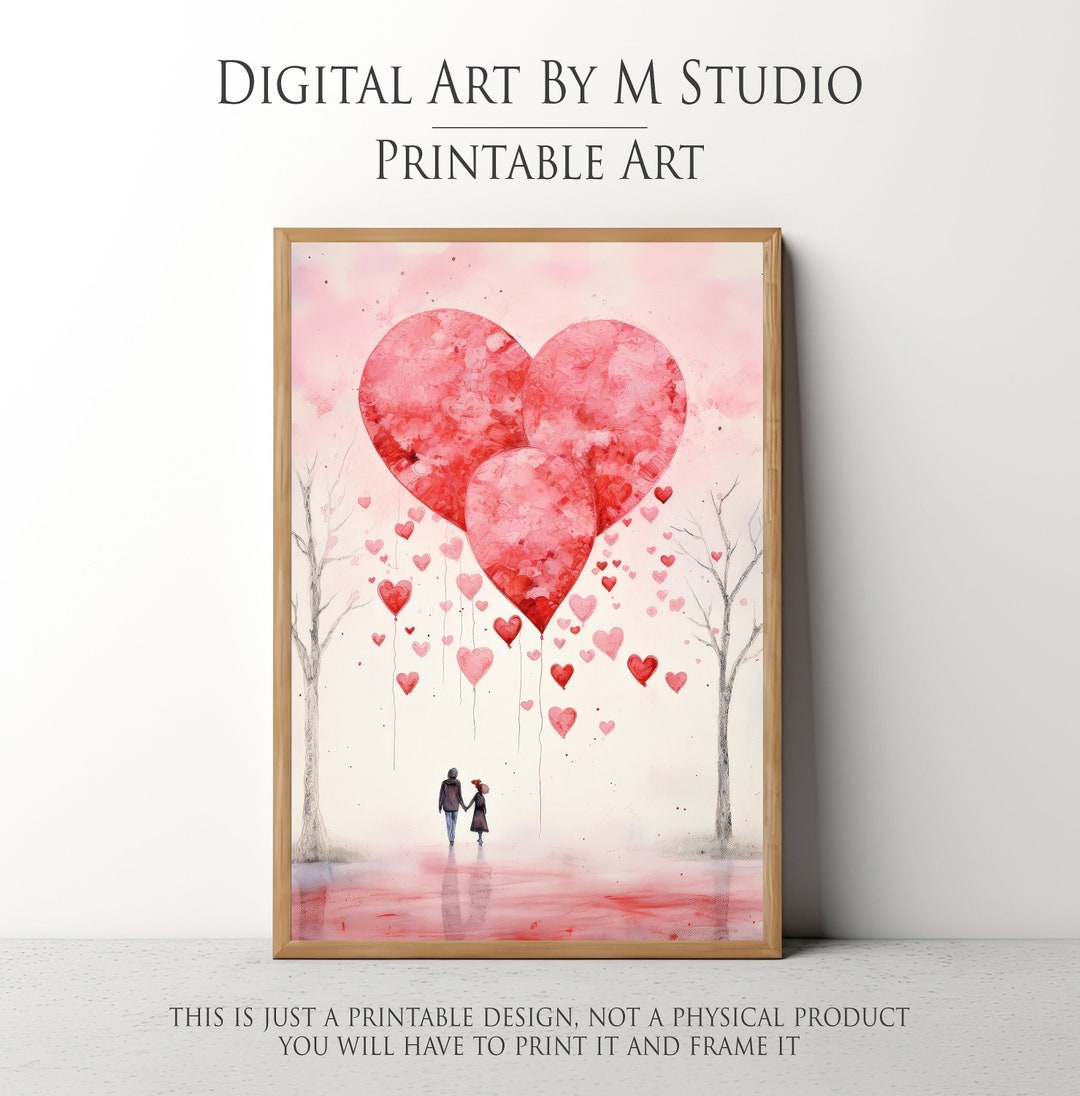 A Romantic Couple Oil Painting, Balloons, Hearts - Valentines Day Decor ...