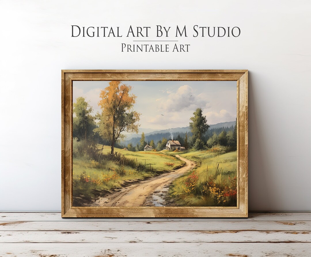 Printable Country Landscape Oil Painting - Vintage Rustic Country ...