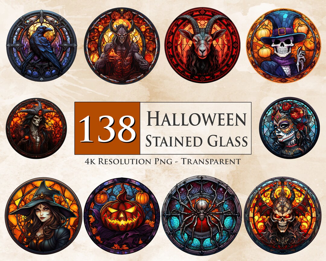 138 Stained Glass Halloween Bundle PNG - Vampire, Witch, Sugar Skull ...