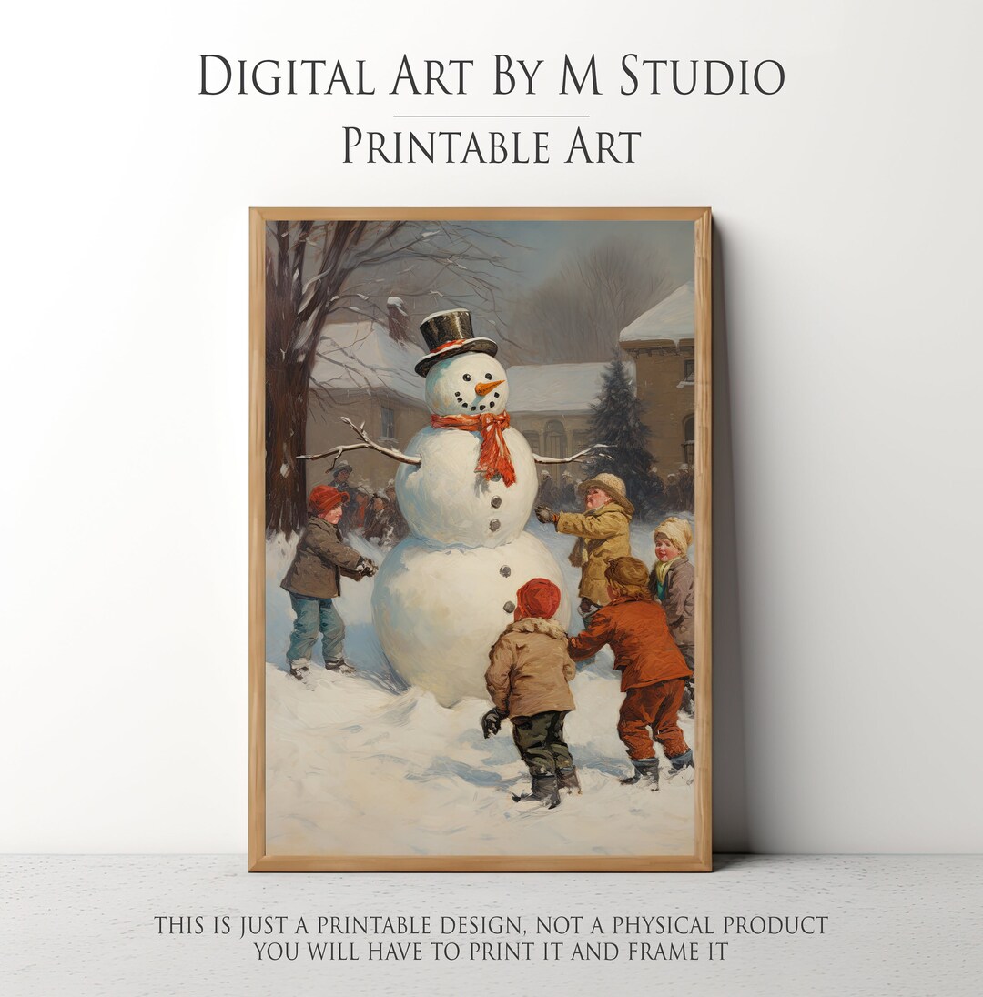 Kids Playing With a Snowman Oil Painting - Christmas Wall Art, Snowman ...