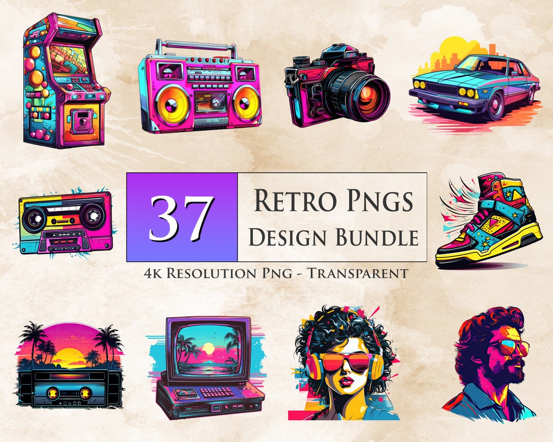37 Retro Design Bundle PNG, 80s Clipart, Retro Car, Woman, Man, Casette ...