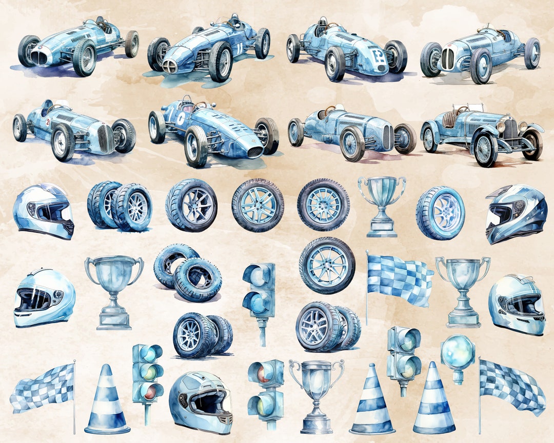 37 Vintage Racing Watercolor Cars, Flag, Trophy, Wheels, Racecar ...