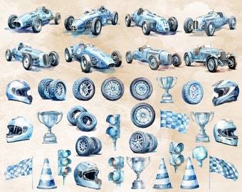 Vintage Racing Watercolor Cars, Vintage Cute Cars Watercolor, Racecar ...