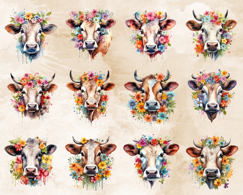 40 Watercolor Cows PNG Bundle - Cow Clipart, Cow With Flowers, Floral ...