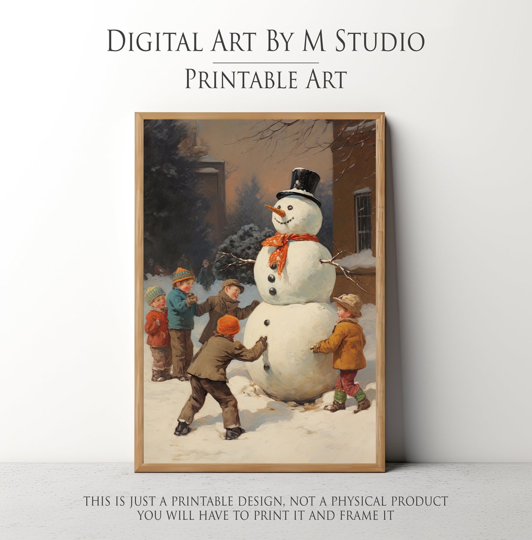 Kids Playing With a Snowman Oil Painting - Christmas Wall Art, Snowman ...
