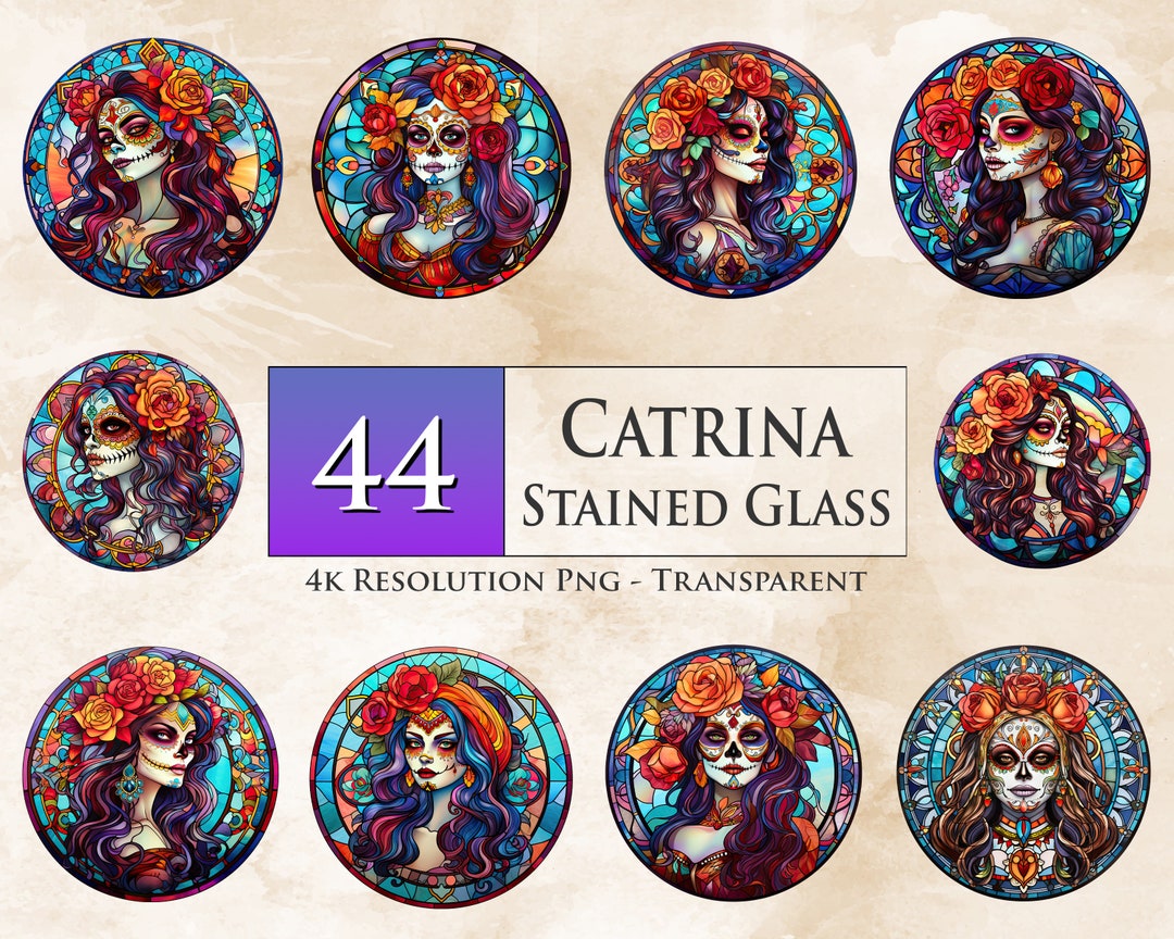 44 Stained Glass Calavera Catrina Bundle PNG - Mexican Halloween, Day ...
