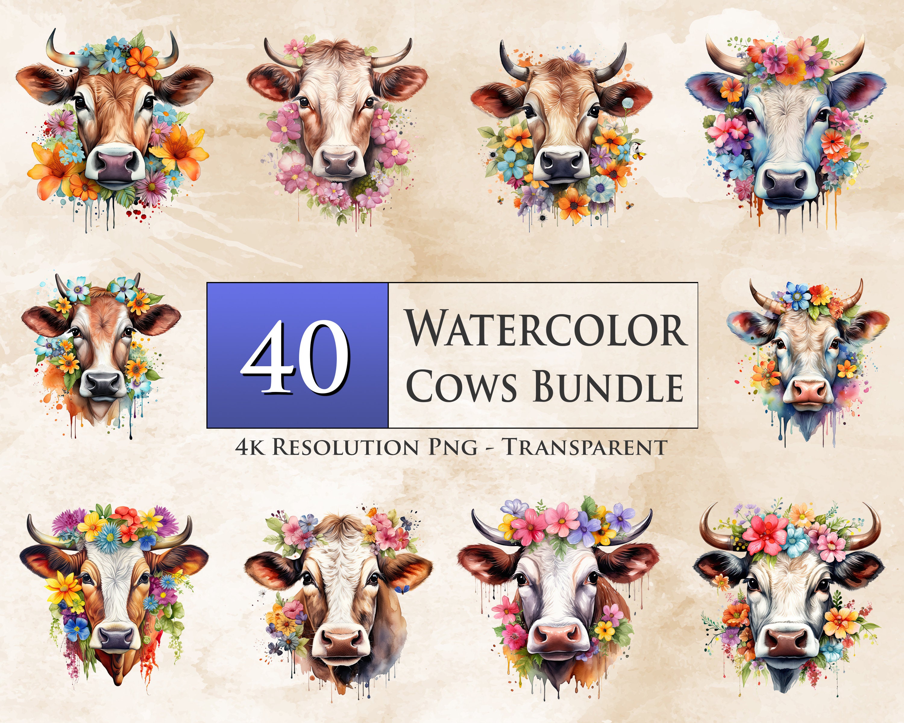 40 Watercolor Cows PNG Bundle - Cow Clipart, Cow With Flowers, Floral ...