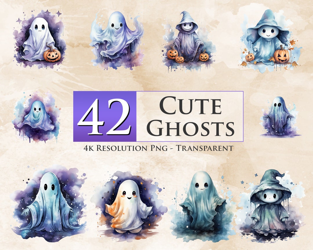 42 Halloween Cute Ghosts Watercolor PNG Design Bundle - Sublimation Png ...