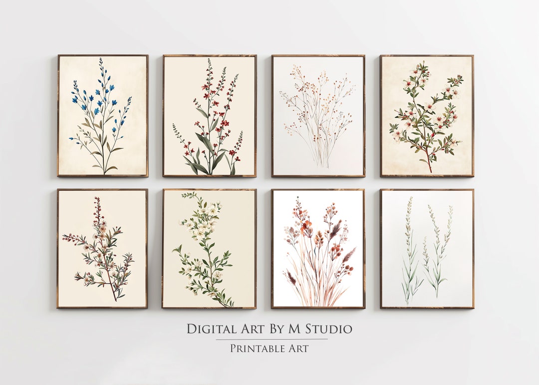 Vintage Flower Drawing Wall Art Set of 8 Prints - Printable Wall Art ...