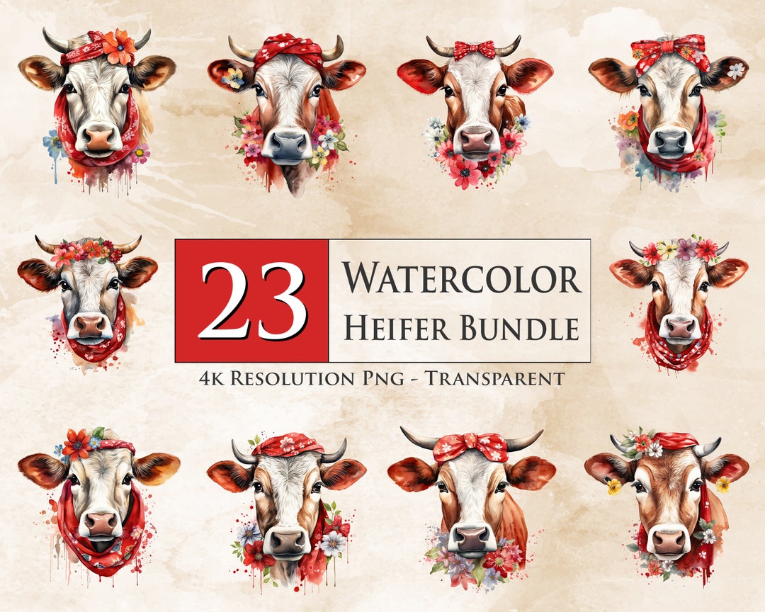 23 Watercolor Heifer PNG Bundle - Cow Clipart, Cow With Flowers ...