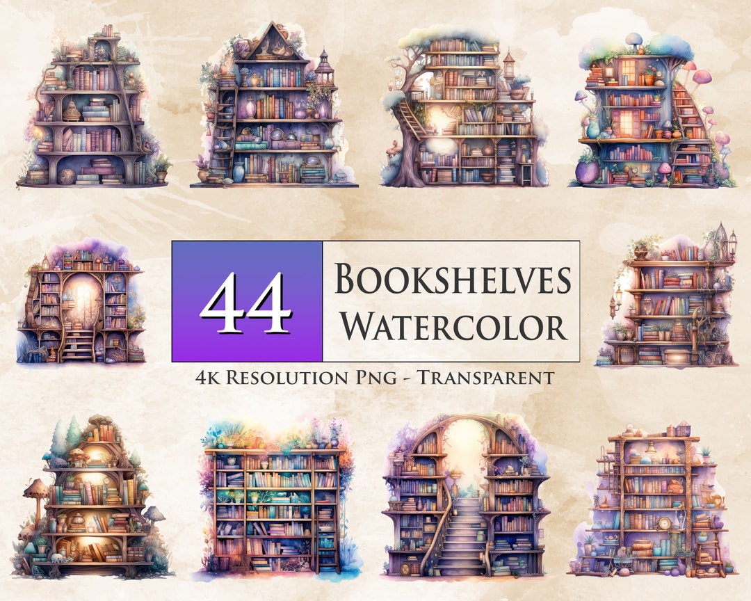 44 Fantasy Bookshelves Watercolor PNG Bundle, Bookshelf PNG, Book PNG ...