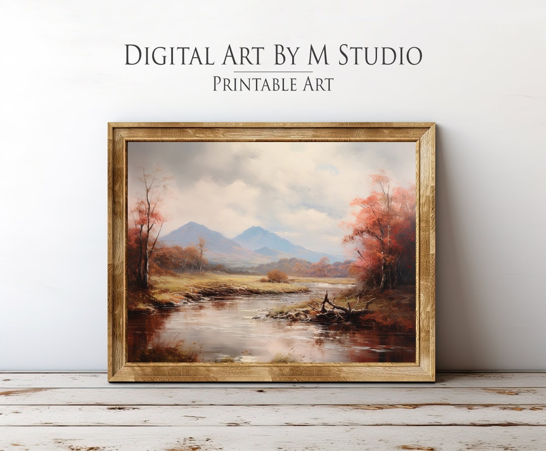 Vintage Rustic River Landscape Painting - Mountain Art Print, Autumn Landscape Painting ...