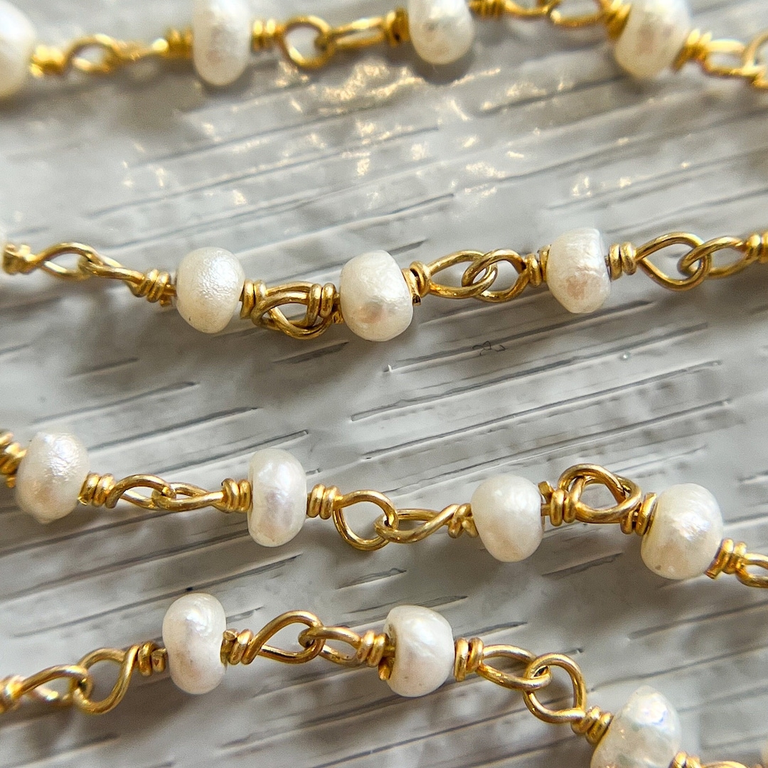 Pearl Stone Rosary Chain, Hand Wrapped Gold Plate on Sterling Silver ...