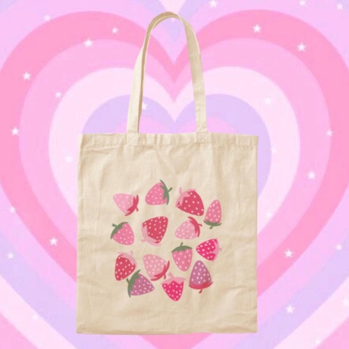 Cute Strawberry Print Tote Bag Cotton Grocery Bag Reusable Etsy