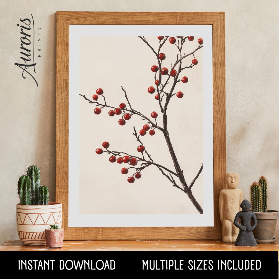 Winterberry Branch Print, Rustic Red Berry Painting (digital Download ...