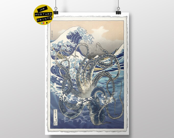 Great Wave With the Kraken, Japanese Print Mashup, Bathroom Art, Parody ...