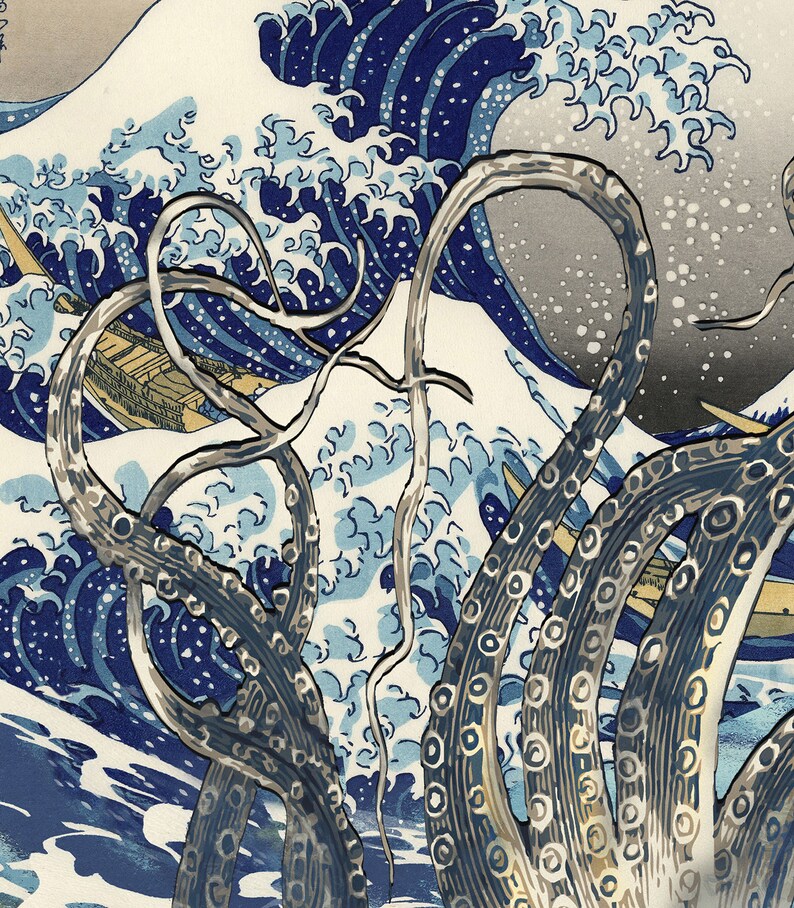Great Wave With the Kraken Japanese Print Mashup Bathroom - Etsy
